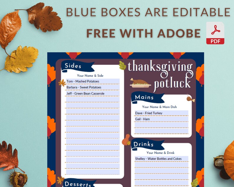 Thanksgiving Potluck Editable Sign up Sheet Template Printable PDF ...