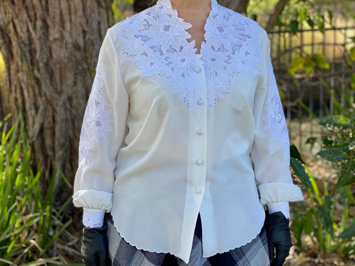 Vintage 1980s Angelica Paris White Poet Sleeve Floral Appliqué Shirt ...