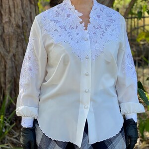 Vintage 1980s Angelica Paris White Poet Sleeve Floral Appliqué Shirt ...