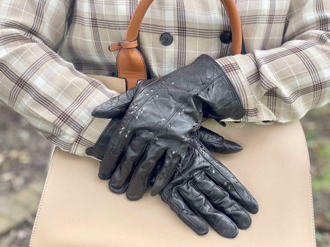Vintage Retro Dark Brown Soft Genuine Leather Spring Gloves Without ...