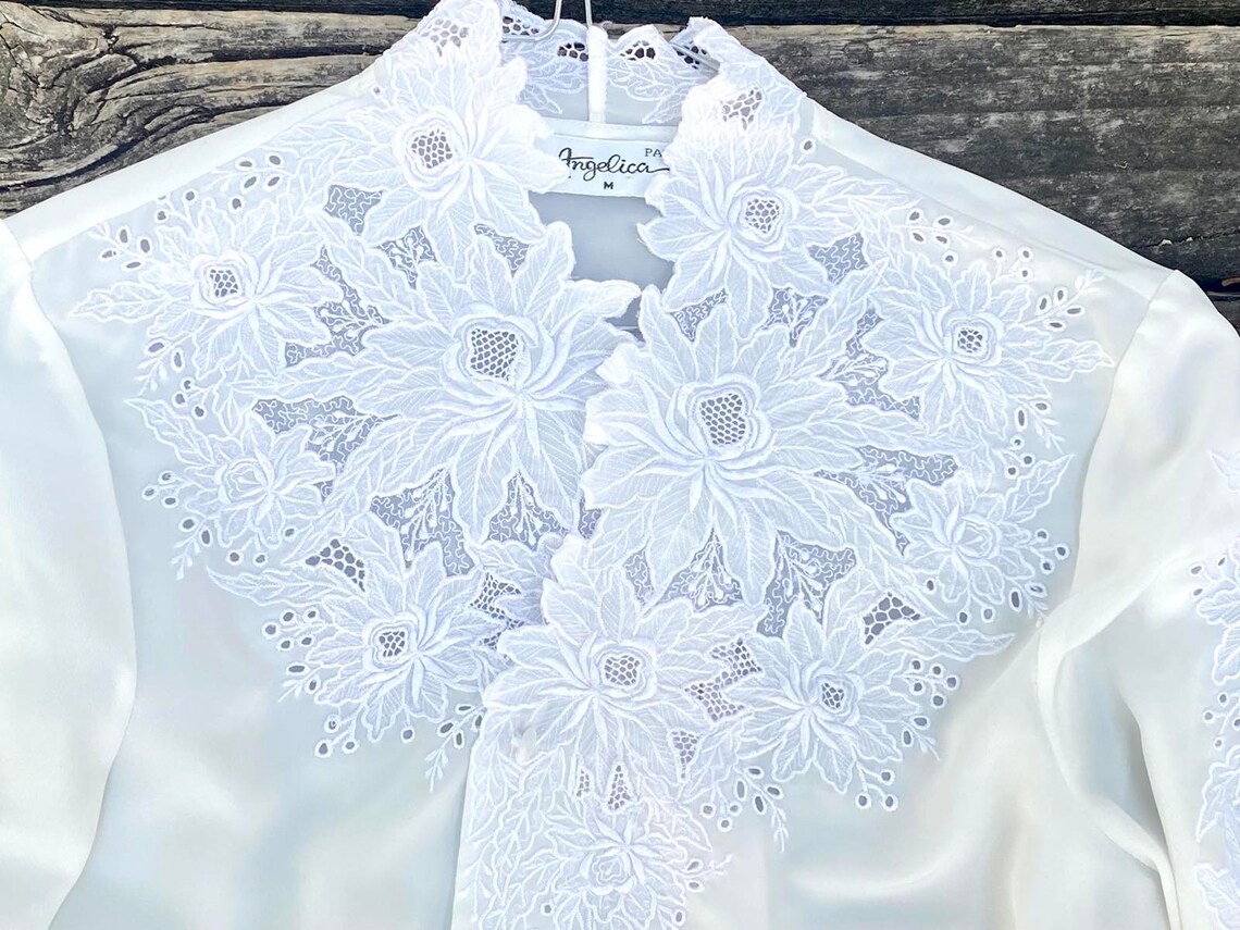 Vintage 1980s Angelica Paris White Poet Sleeve Floral Appliqué Shirt ...