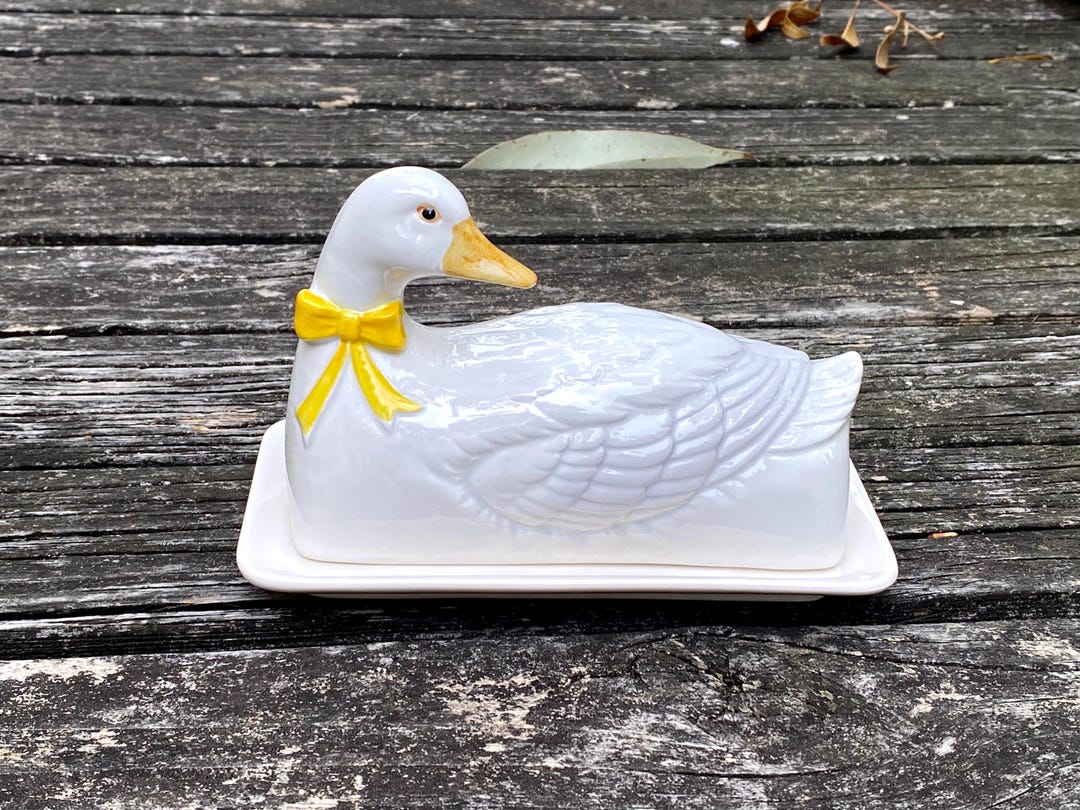 Vintage 1983 Duck Butter Dish - Yellow Bow Goose Bird With Lid by ...