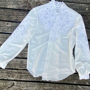Vintage 1980s Angelica Paris White Poet Sleeve Floral Appliqué Shirt ...