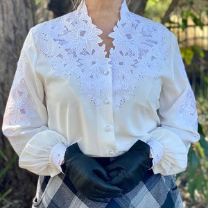 Vintage 1980s Angelica Paris White Poet Sleeve Floral Appliqué Shirt ...