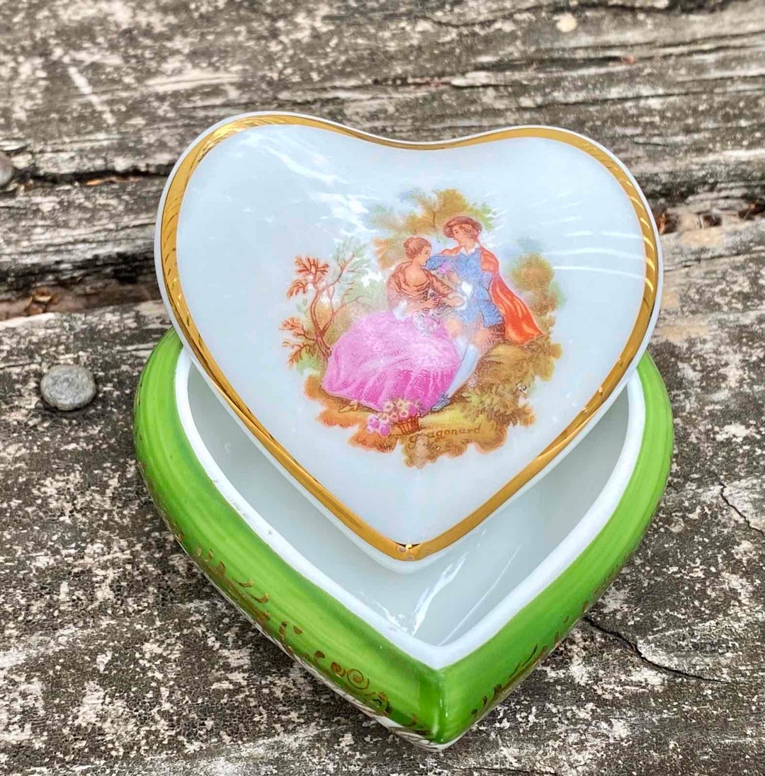 Vintage Limoges Heart Shaped Trinket Box - Fragonard Courting Couple ...