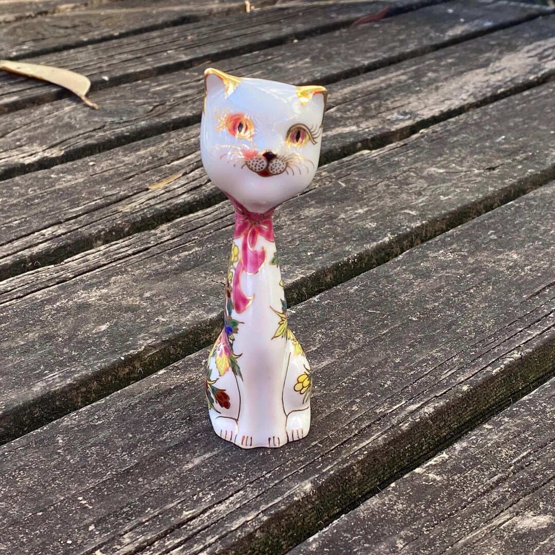 Vintage Floral Japanese Sitting Long Neck Cat Figurine/ceramic Kitsch ...