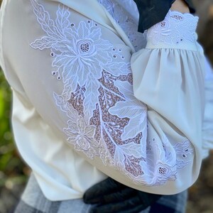 Vintage 1980s Angelica Paris White Poet Sleeve Floral Appliqué Shirt ...