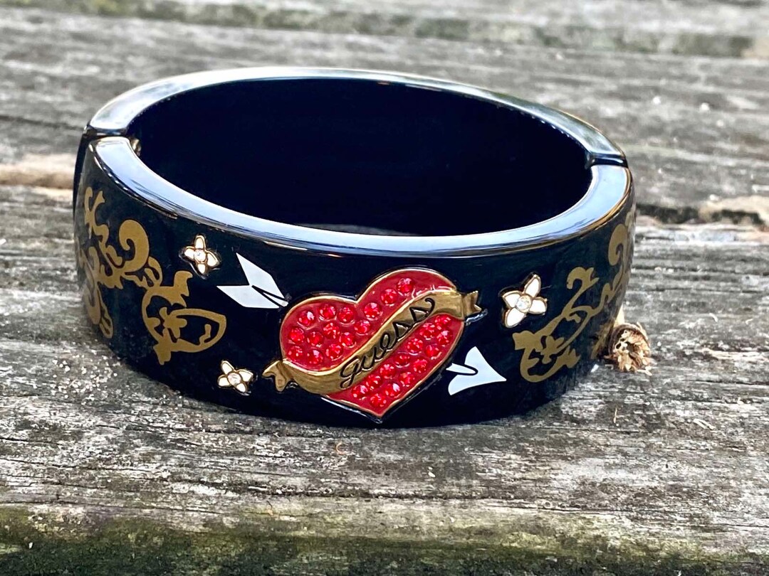 Vintage GUESS Black Plastic Bangle Bracelet With Arrow Heart and Red ...