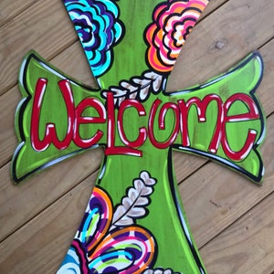 Welcome Cross Doorhanger, Funky Cross, Whimsical Door Sign, Floral ...