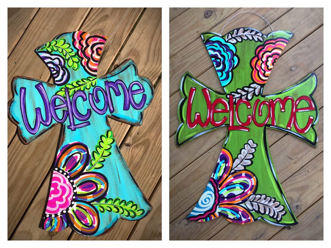 Welcome Cross Doorhanger Funky Cross Whimsical Door Sign - Etsy