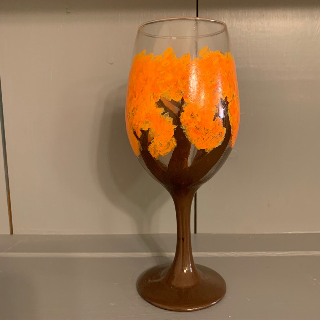 Hand Painted Stem Wine Glass "fall Trees" - Etsy