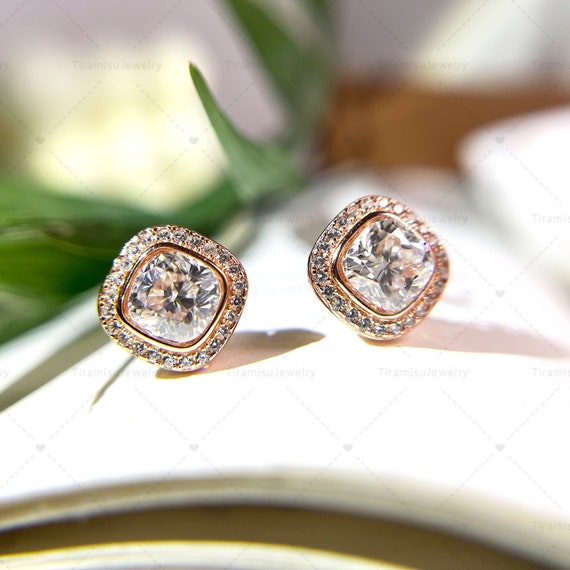 9K 14K 18K Solid Rose Gold Earrings 1ct Cushion Moissanite Earrings Moissanite Diamond Halo Earrings Dainty Gift Wedding Stud Earrings Etsy