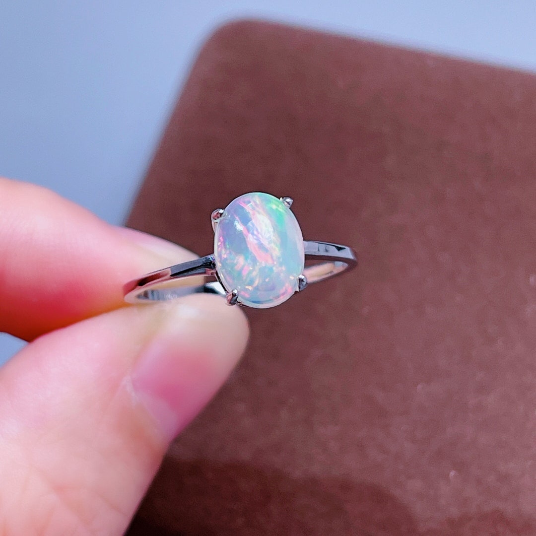 Natural Rainbow Opal Ring, Sterling Silver Thin Band Ring, 7*9mm Oval Real Opal Ring, October ...