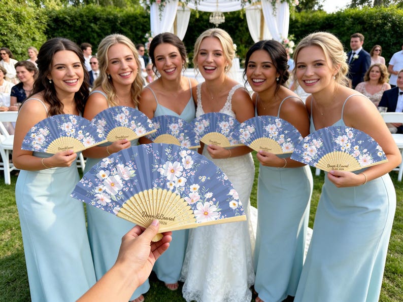 Engraved Floral Wedding Handheld Fans, Custom Name Bridal Party Paper ...