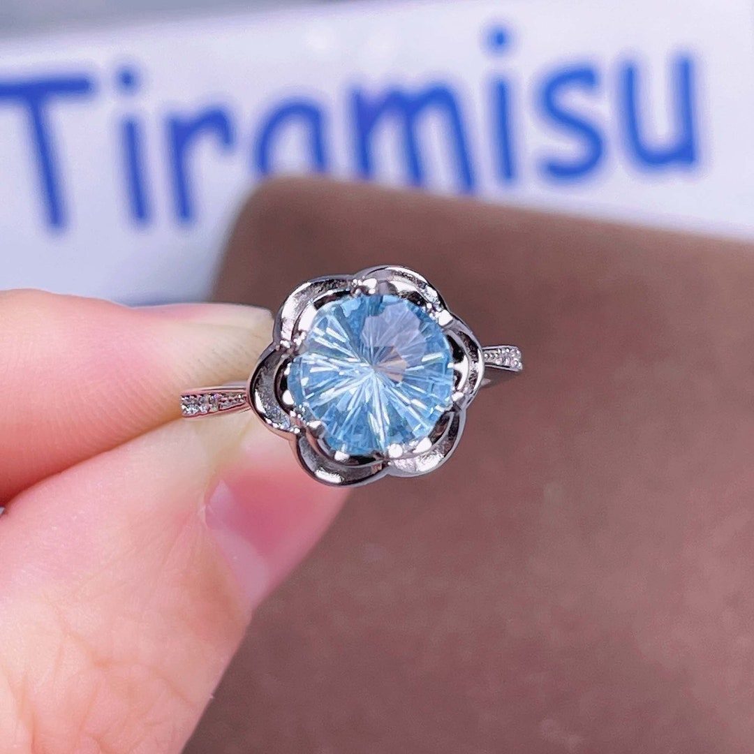Natural Blue Topaz Ring 88mm Round Topaz Floral Ring Sterling Silver ...