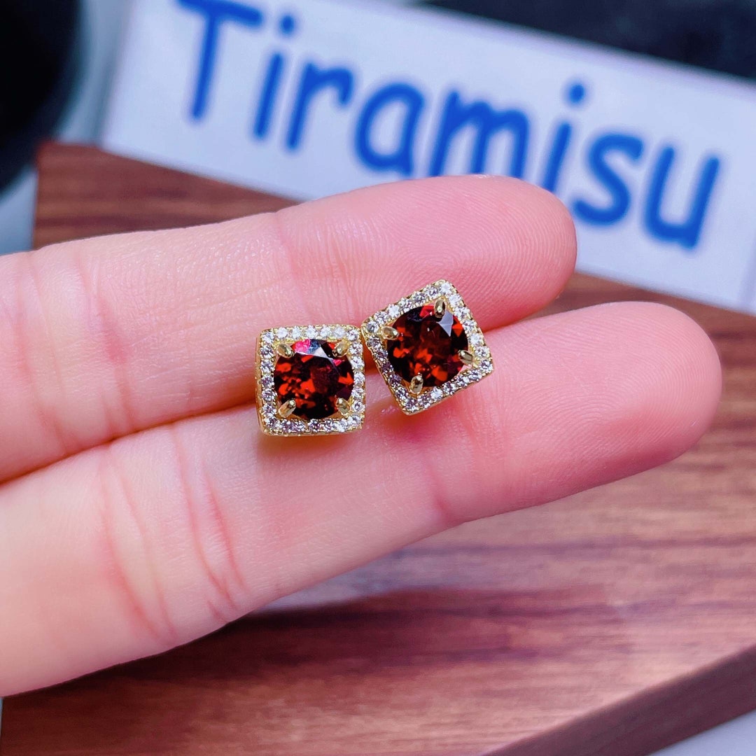 Garnet Stud Earrings: 18K Gold Plated Sterling Silver, January ...