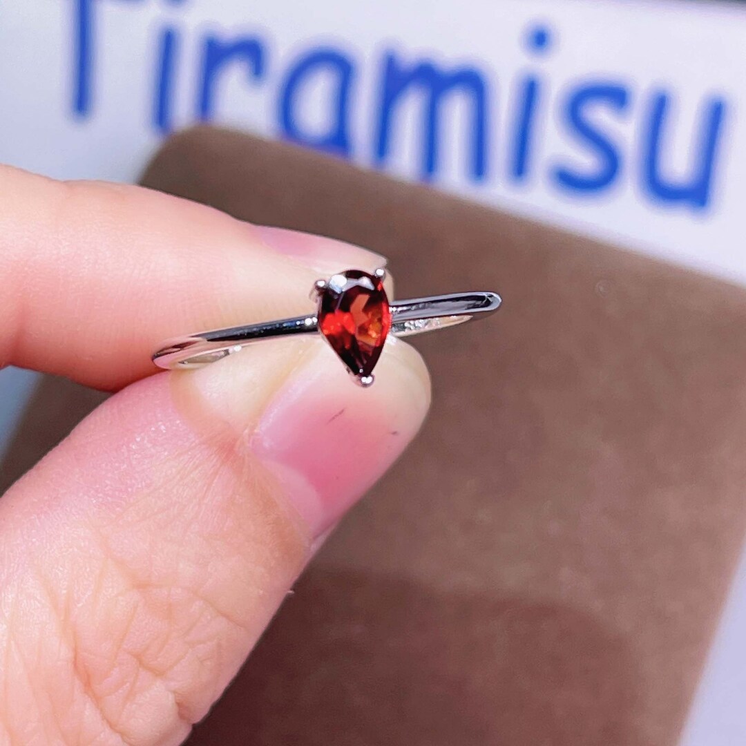 Pear Garnet Ring, 925 Sterling Silver Thin Band Ring, Natural Garnet Jewelry, Simple Ring ...