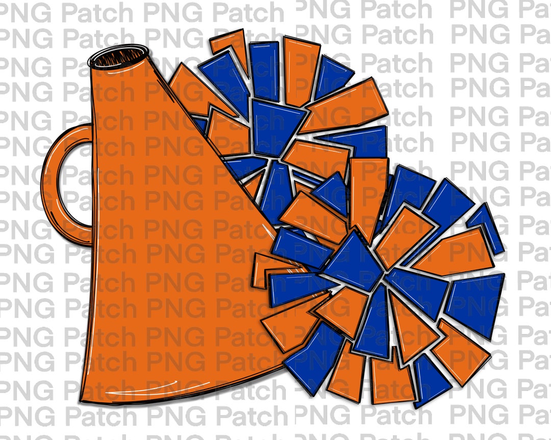 Orange and Royal Blue Cheerleader Megaphone and Pom Poms, Cheer Digital ...