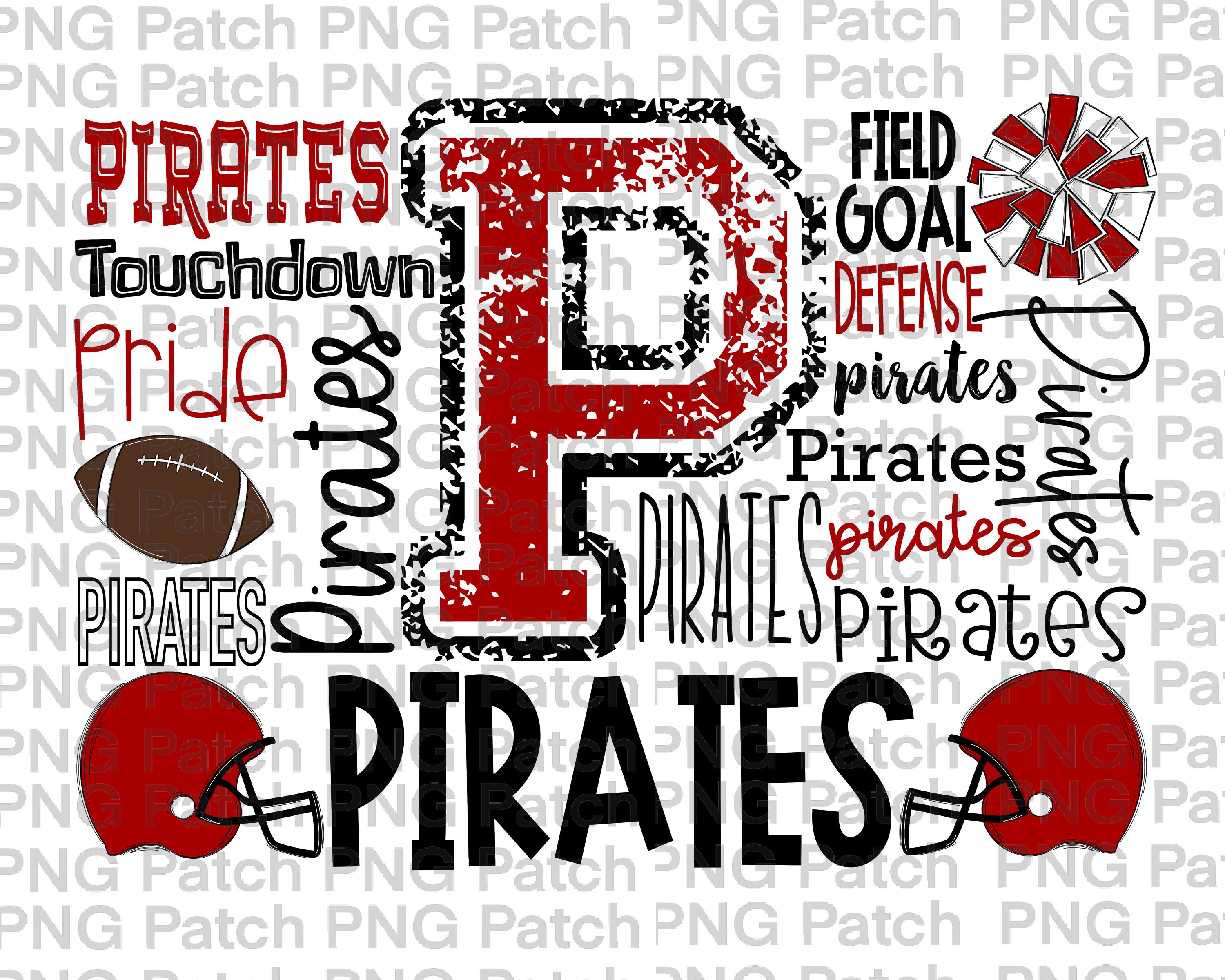 Pirates Football Typography, Red Black, Mascot PNG File, Team Digital ...