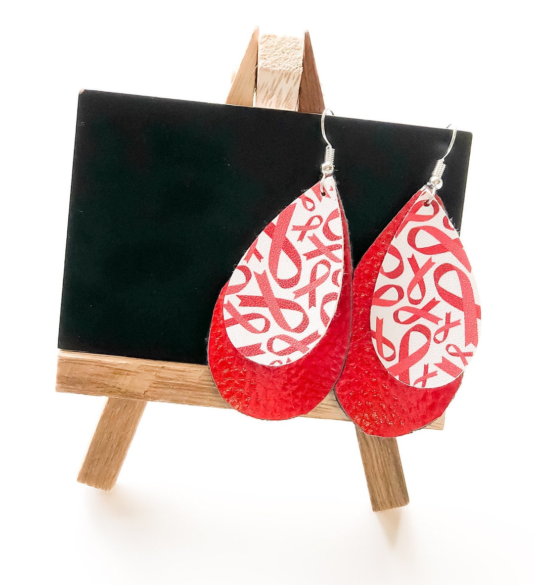 Red Ribbon Layered Teardrop Earrings; Faux Leather Earrings; Leather ...
