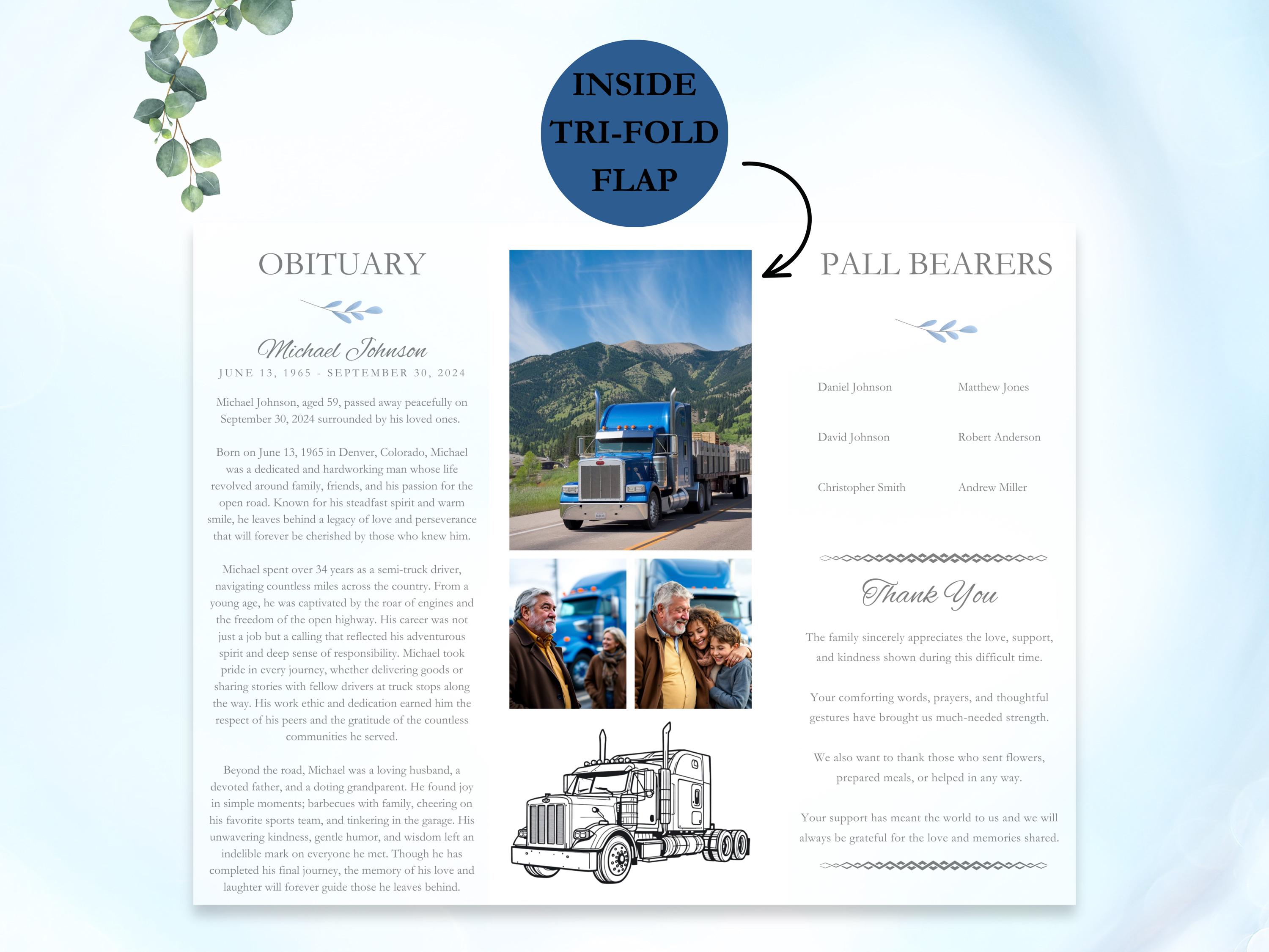 Truck Driver Trifold Funeral Program, Obituary Template, Editable Canva ...