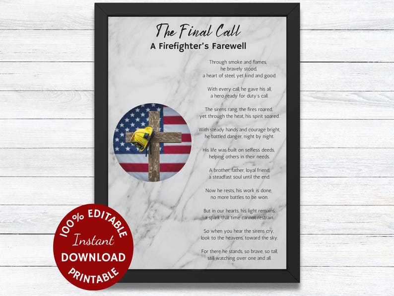 Firefighter Memorial Funeral Poem for Celebration of Life for Fireman ...