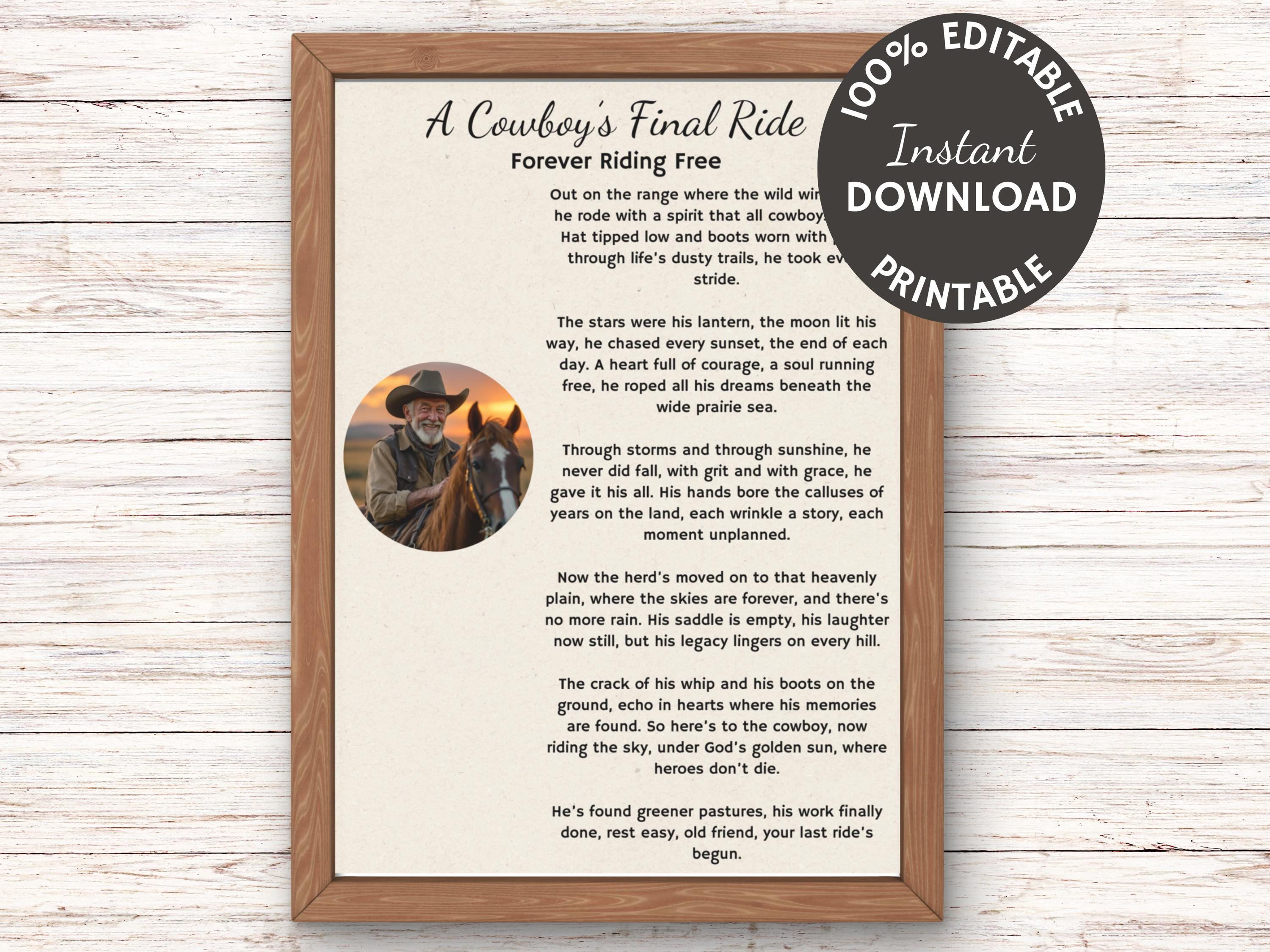 Editable Cowboy Memorial Poem, Cowboy Memorial Card, Memorial Service ...