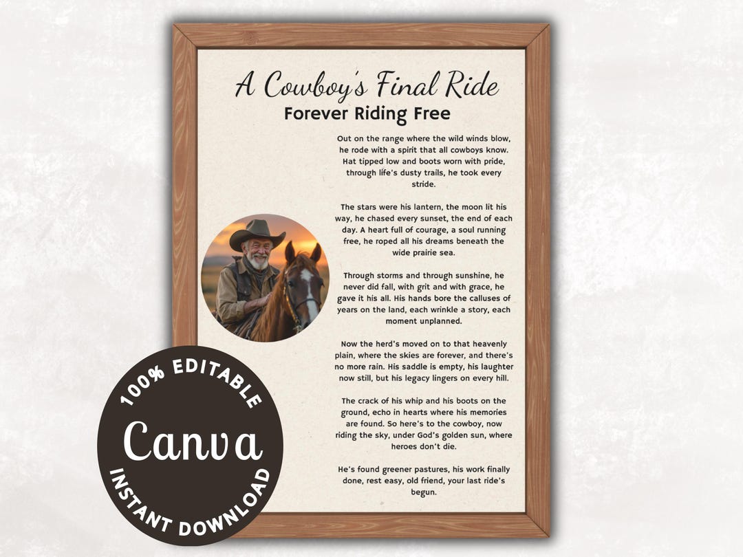 Editable Cowboy Memorial Poem for Funeral, Cowboy Farmer Memorial Gifts ...