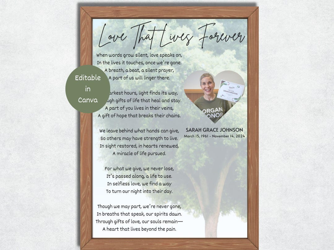 Editable Organ Donation Memorial Poem, Funeral Poem, Memorial Favor ...