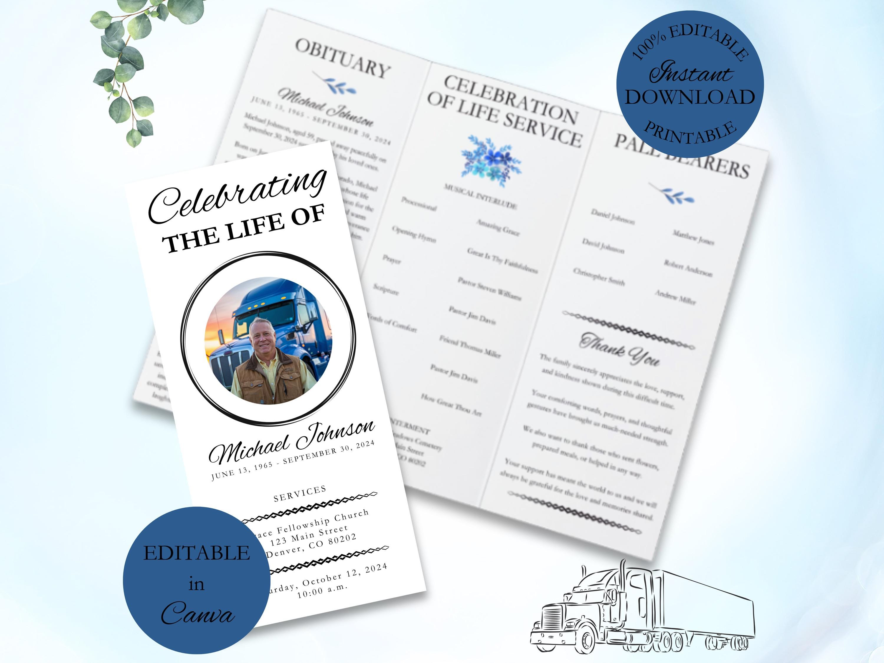 Truck Driver Trifold Funeral Program, Obituary Template, Editable Canva ...