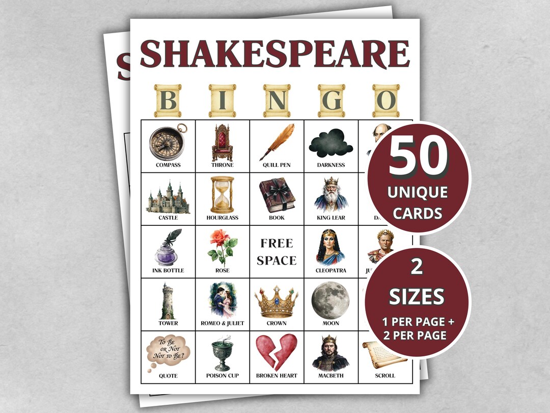 Shakespeare Printable Bingo Game Cards, History Bingo Game Activity for ...