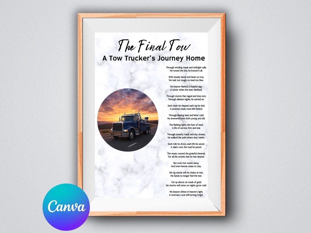 Editable Tow Truck Driver Memorial Poem for Tow Operator Custom Print ...