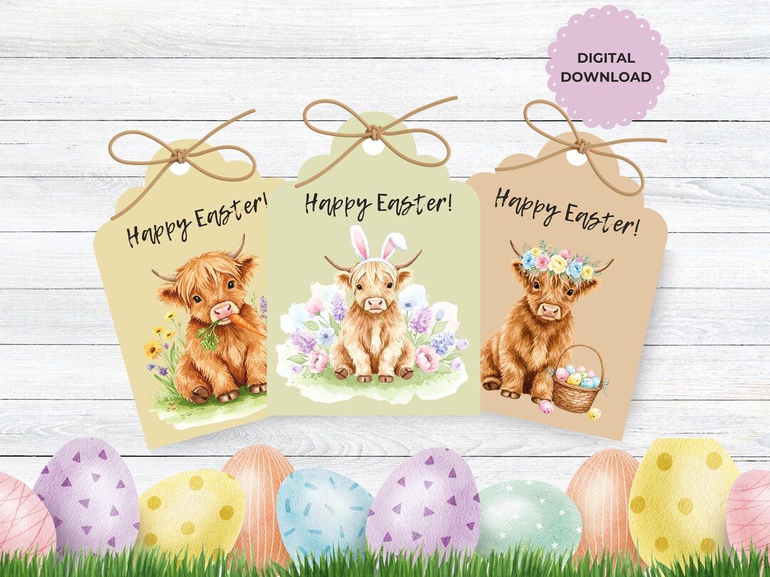 Highland Cow Cute Easter Gift Tags for Easter Baskets Gift Tags for Cow Lover Easter Day Favor ...