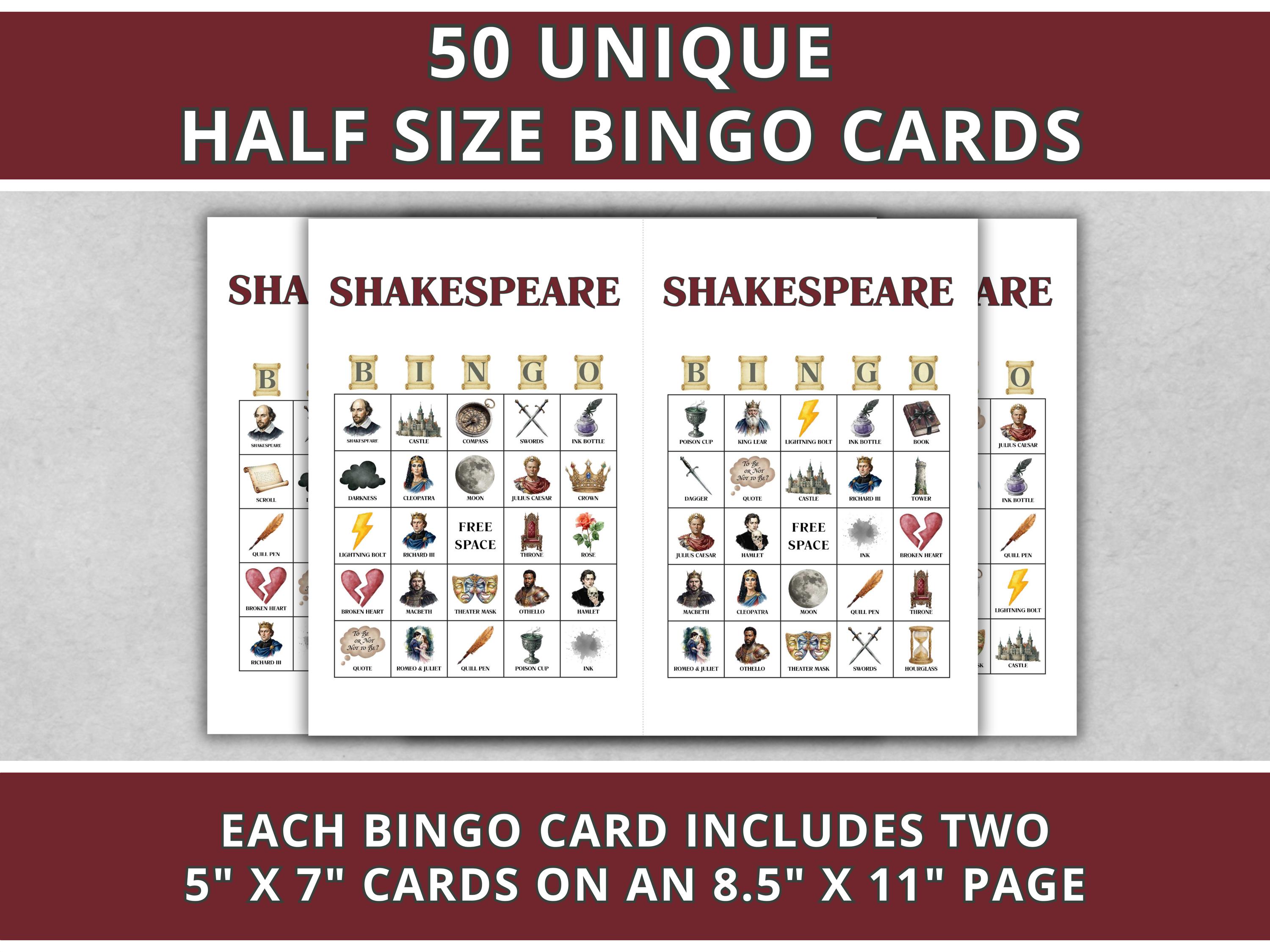 Shakespeare Printable Bingo Game Cards, History Bingo Game Activity for ...