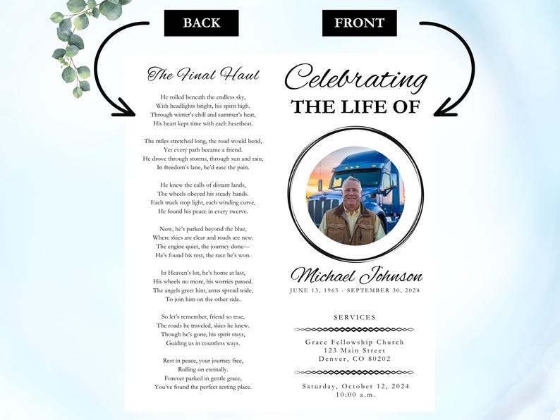 Truck Driver Trifold Funeral Program, Obituary Template, Editable Canva ...