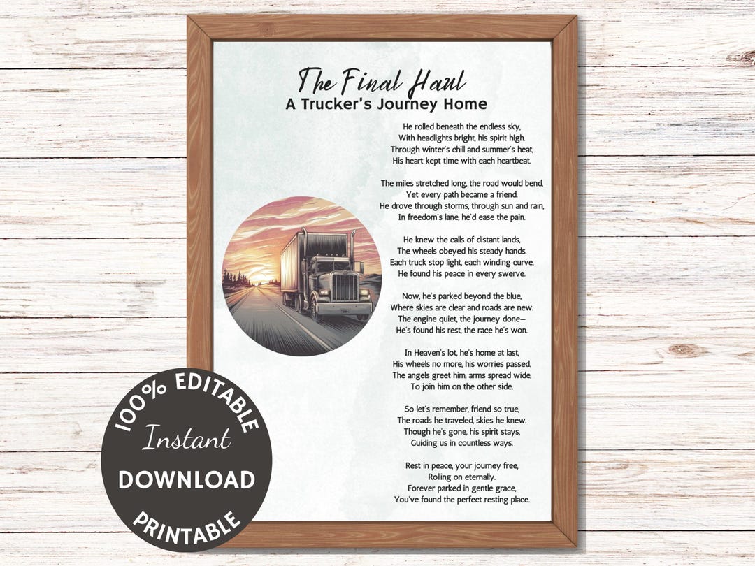 Semi Truck Driver Memorial Poem for Commercial Truck Driver Operator ...