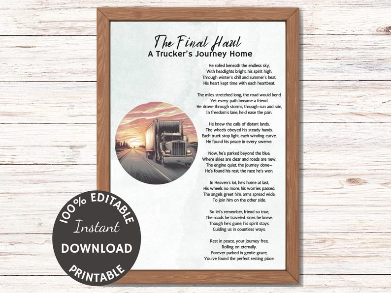 Semi Truck Driver Memorial Poem for Commercial Truck Driver Operator ...