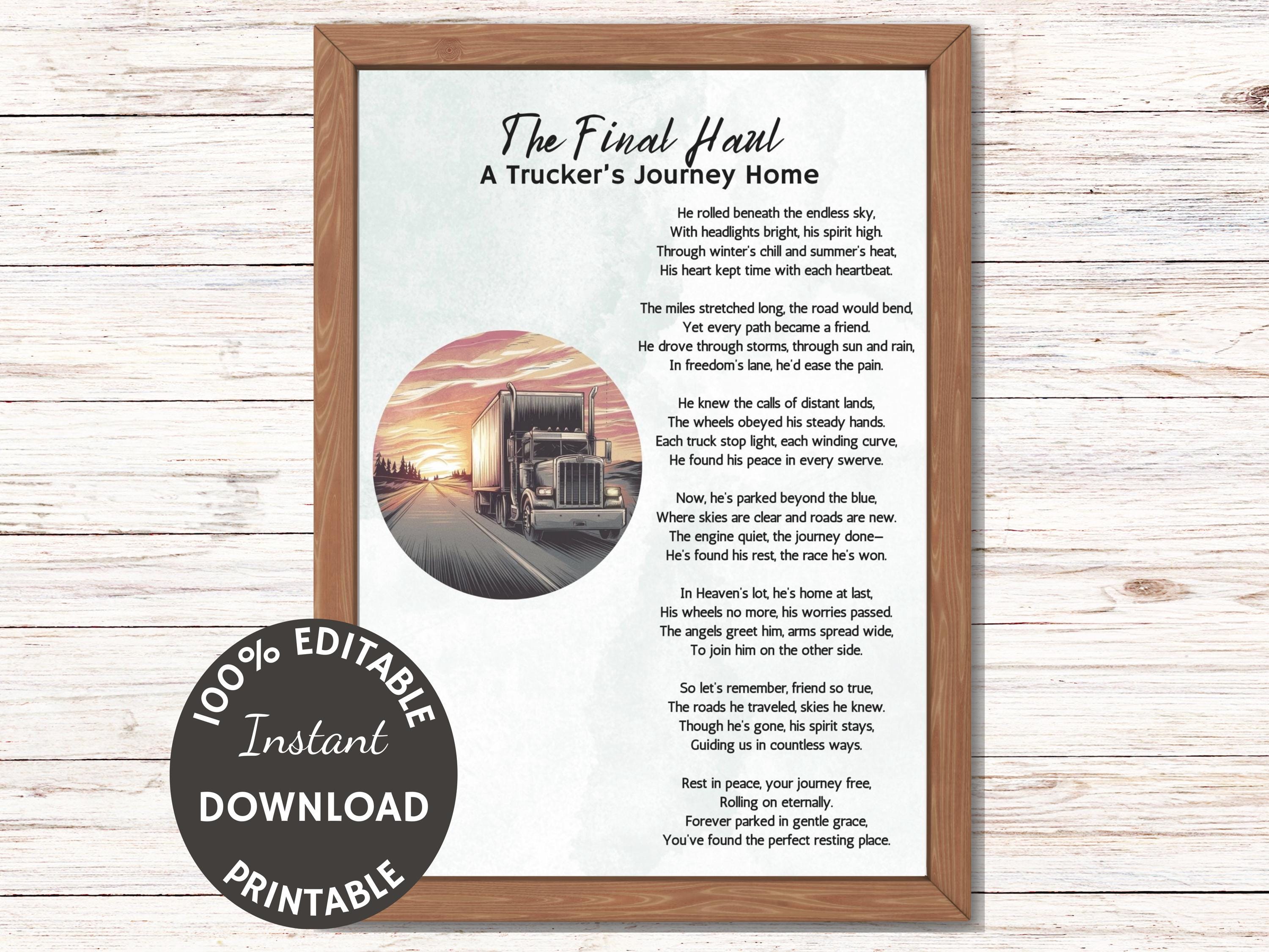 Semi Truck Driver Memorial Poem for Commercial Truck Driver Operator ...