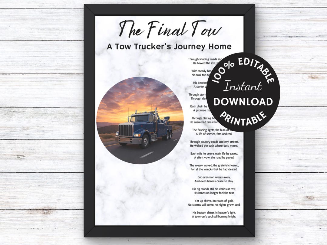 Tow Truck Driver Memorial Poem for Tow Operator Custom Print Funeral ...