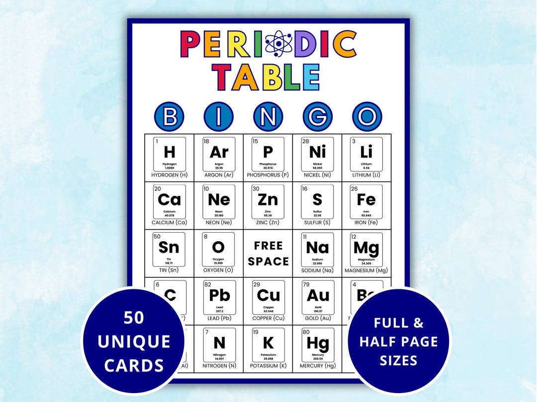 Science Periodic Table of Elements Bingo Game Printable, Middle School ...