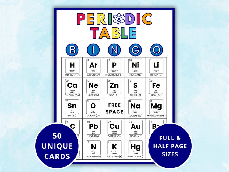 Science Periodic Table of Elements Bingo Game Printable, Middle School ...