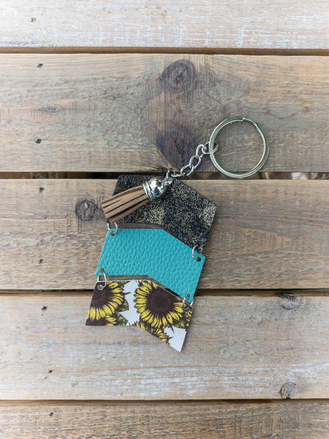 Leather Keychain, Faux Leather Keychain, Sunflower Keychain, Boho ...
