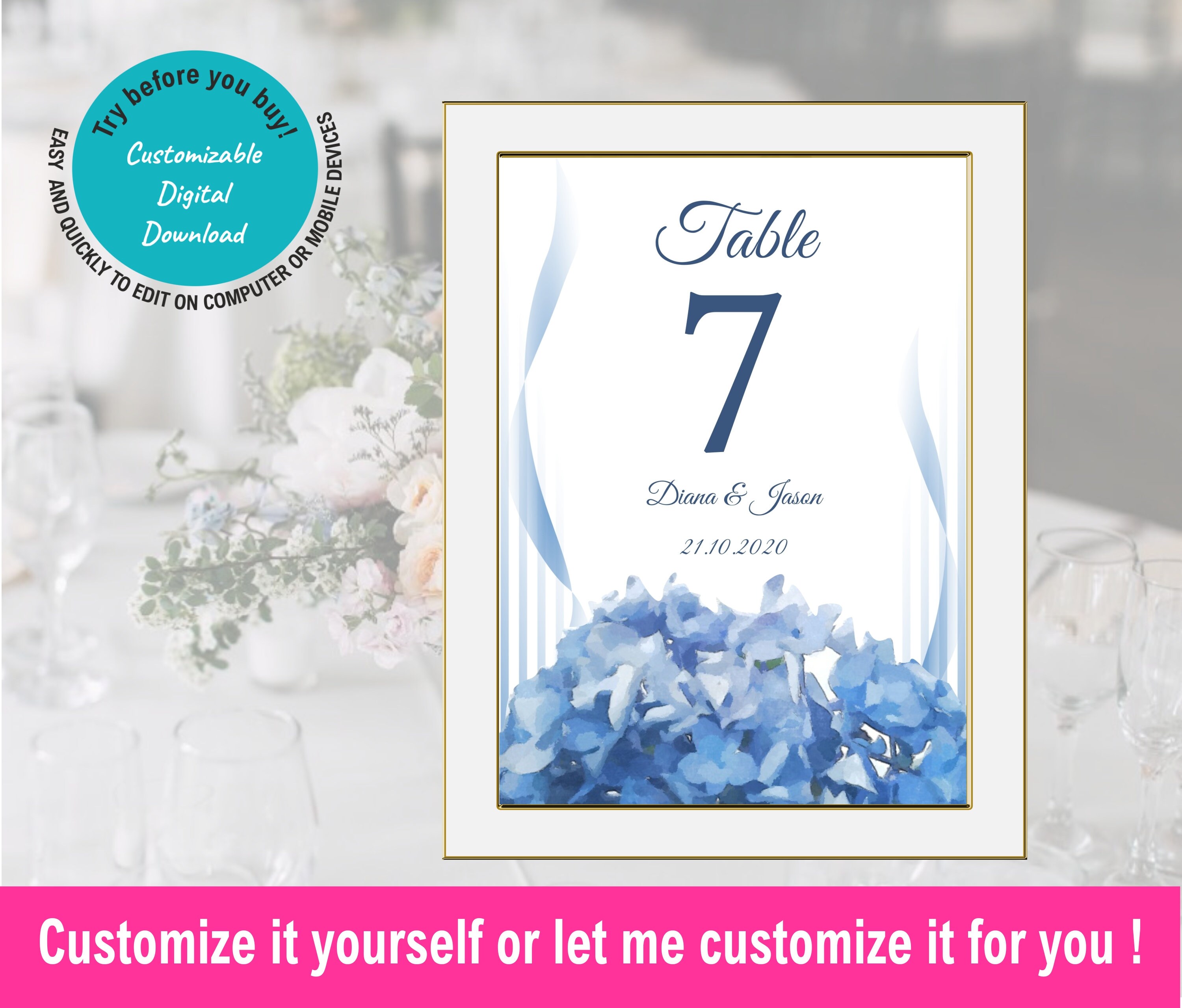 Table number template blue hydrangea watercolour table numbers wedding ...