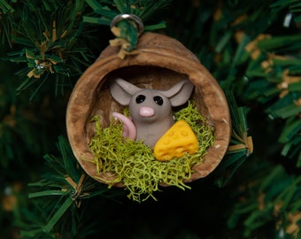 Cute Mouse in a Walnut Shell, Curled up Sleepy Mice, Handmade Rustic ...