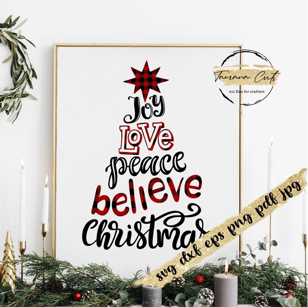 Joy Love Peace Believe Svg, Christmas Tree Words Svg, Joy Typography ...