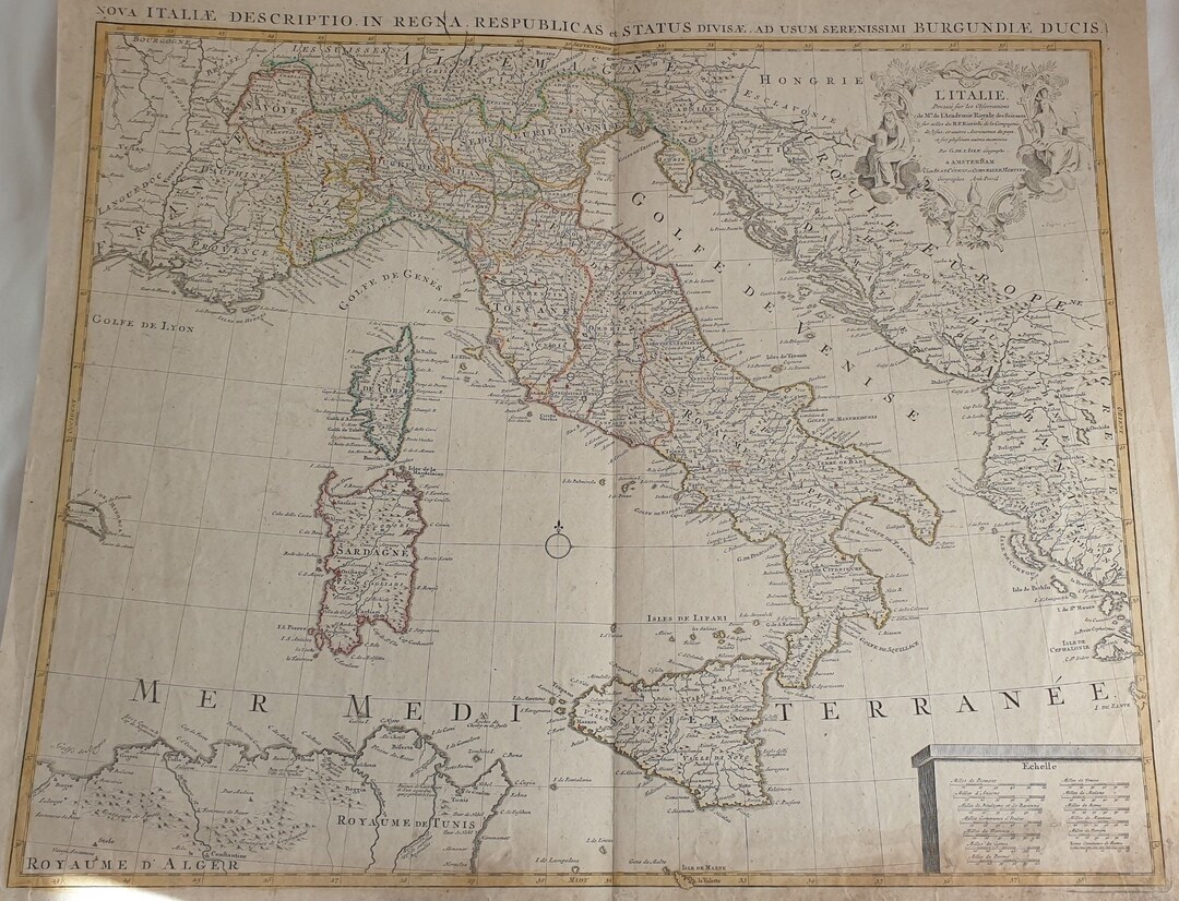 Original Big Map Italy Europe 1720 De L'isle Pierre Mortier Aquarello ...