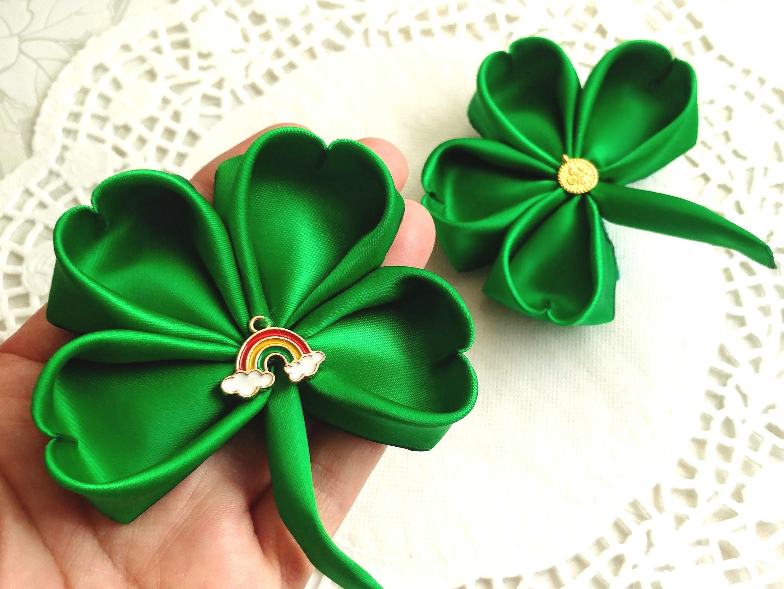 Emerald Green Shamrock Hair Clip Set: Kanzashi Satin Clover Brooch - Etsy