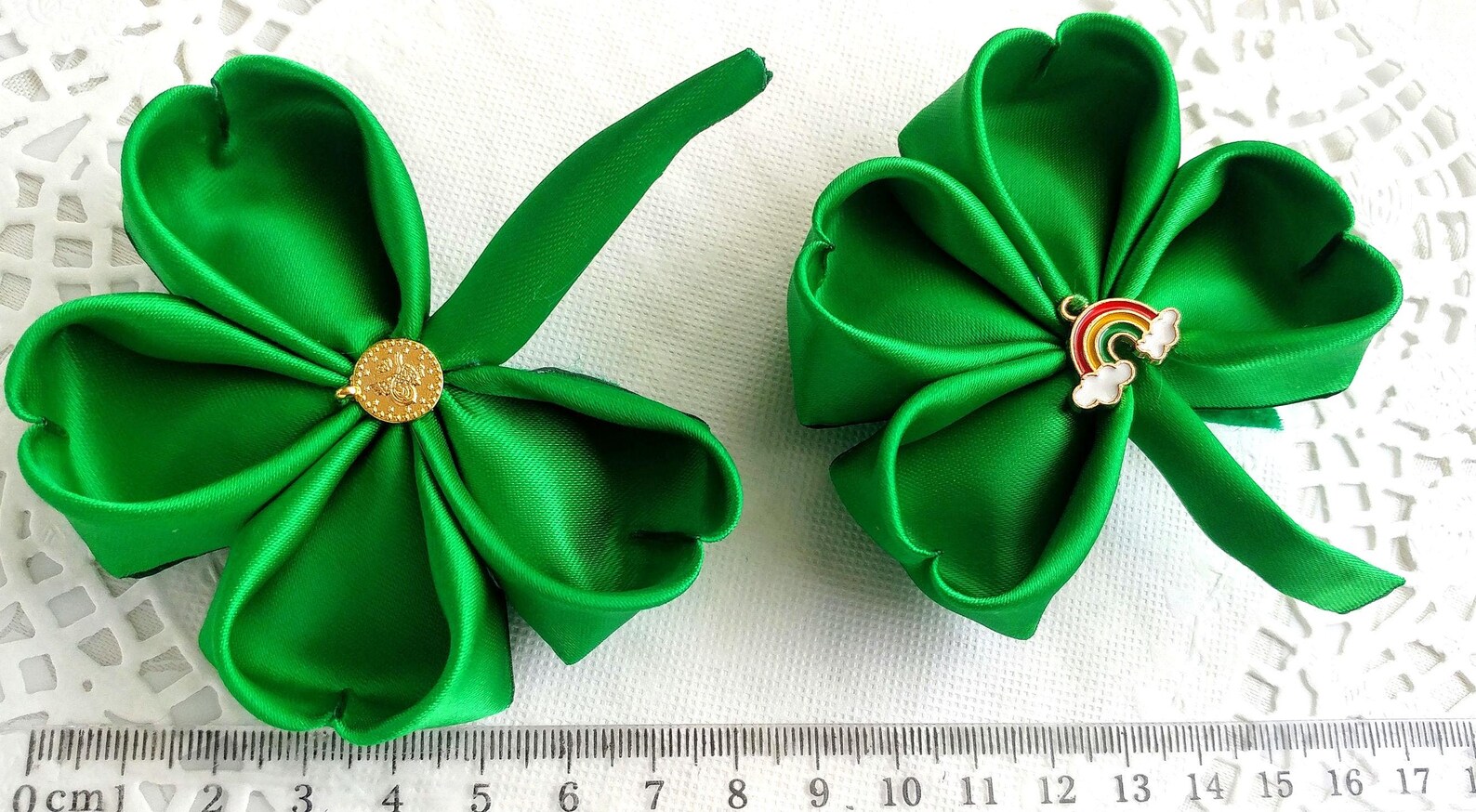 Emerald Green Shamrock Hair Clip Set: Kanzashi Satin Clover Brooch - Etsy
