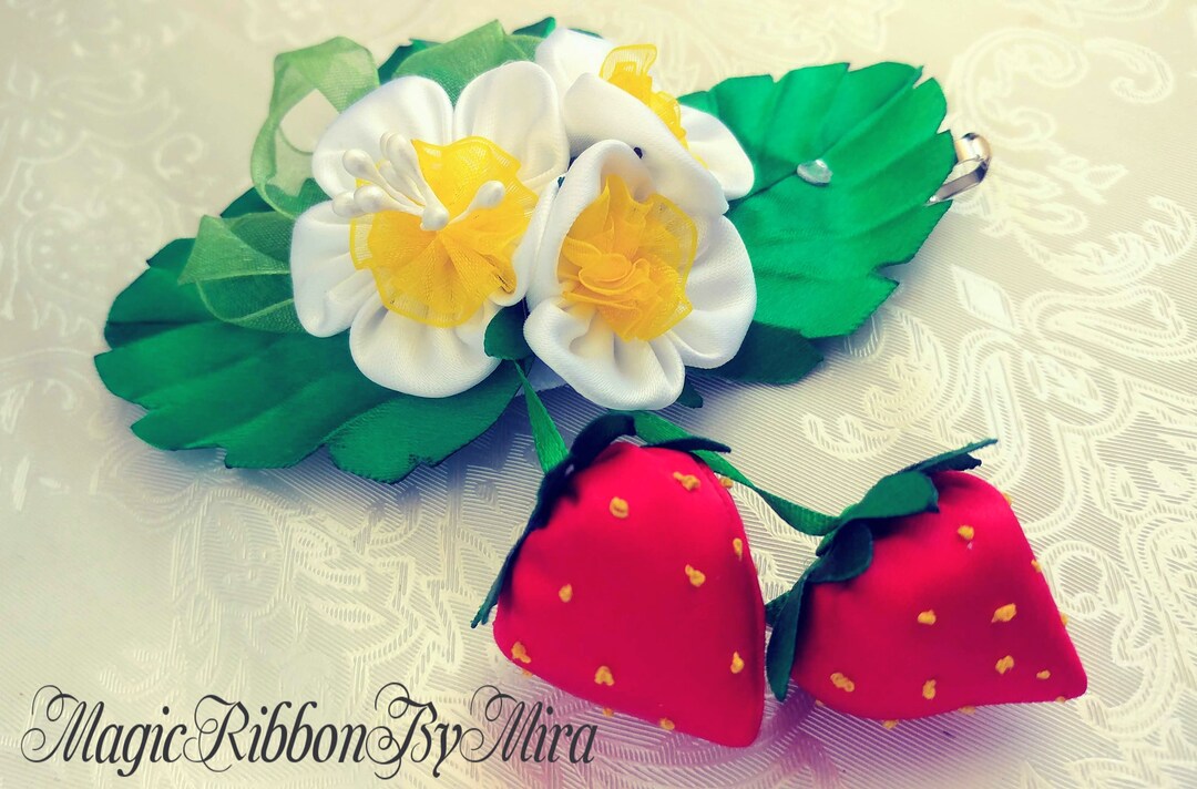 Strawberry Blossom Hair Barrette: Tsumami Kanzashi Floral Hair Clip - Etsy