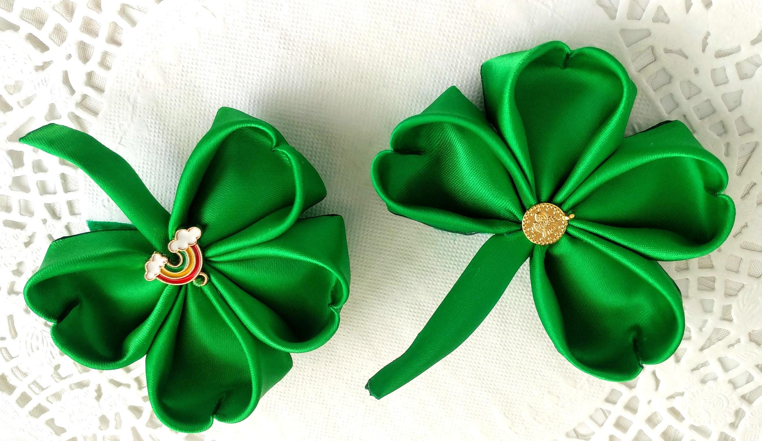 Emerald Green Shamrock Hair Clip Set: Kanzashi Satin Clover Brooch - Etsy